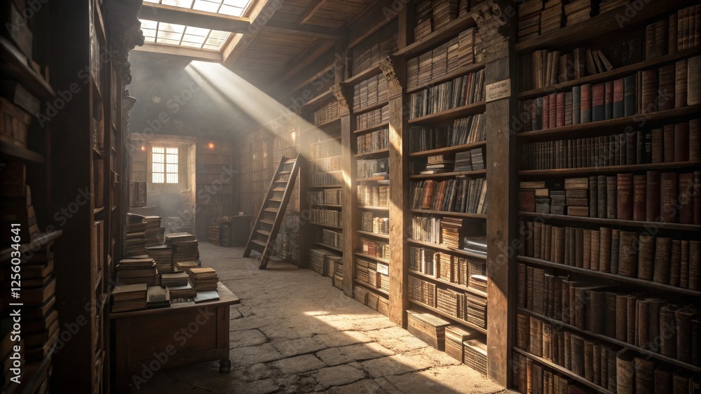 Sunlit Ancient Library Dusty Bookshelves, Dramatic Light Beams, Old ...
