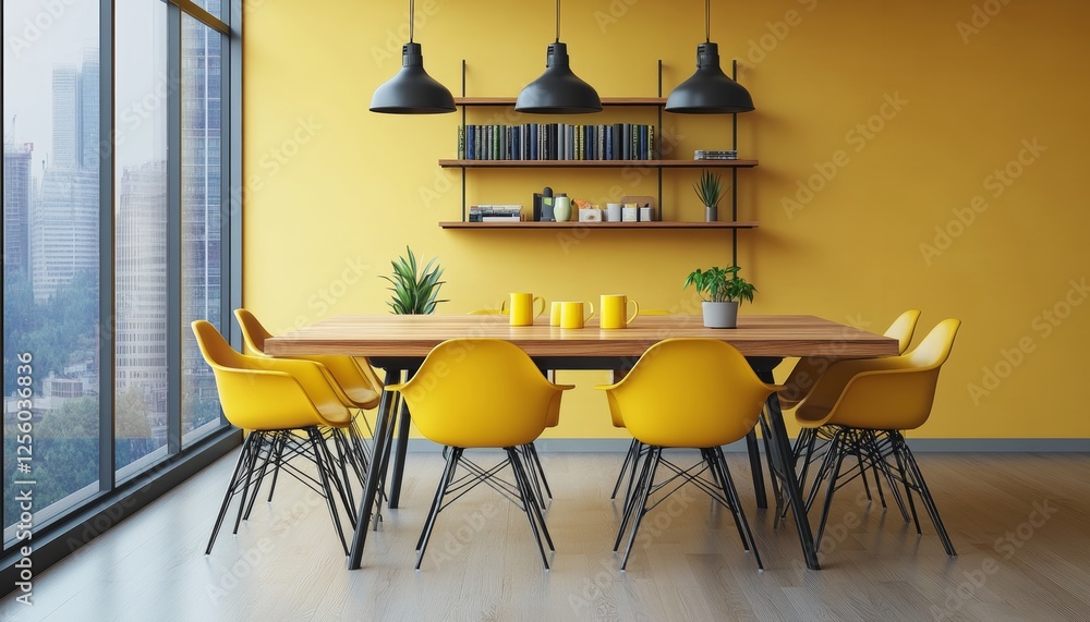 Bright yellow themed modern dining area with city view and mid century ...
