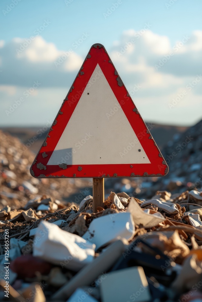 Warning sign in a landfill surrounded by debris, highlighting ...