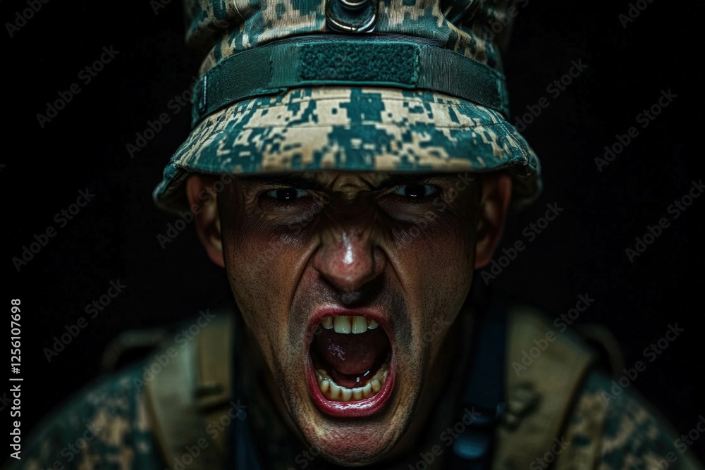 A Drill Sergeant Shouting Commands, Military Uniform, Intense And ...
