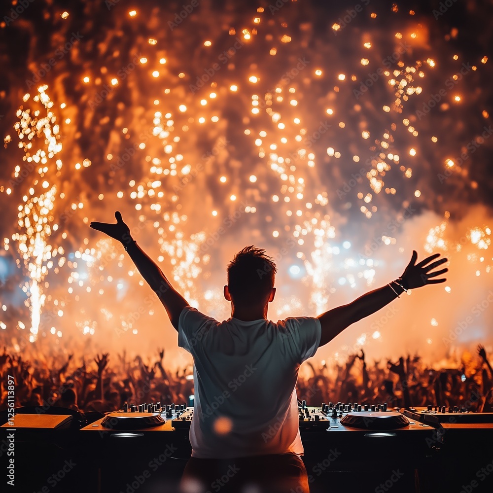 Dj raising his arms in front of cheering crowd with fireworks exploding ...