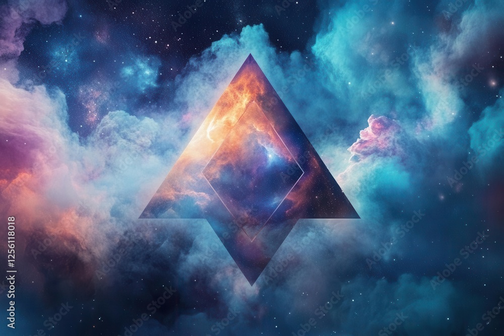 cosmic mindscape with swirling nebulae and floating geometric shapes ...