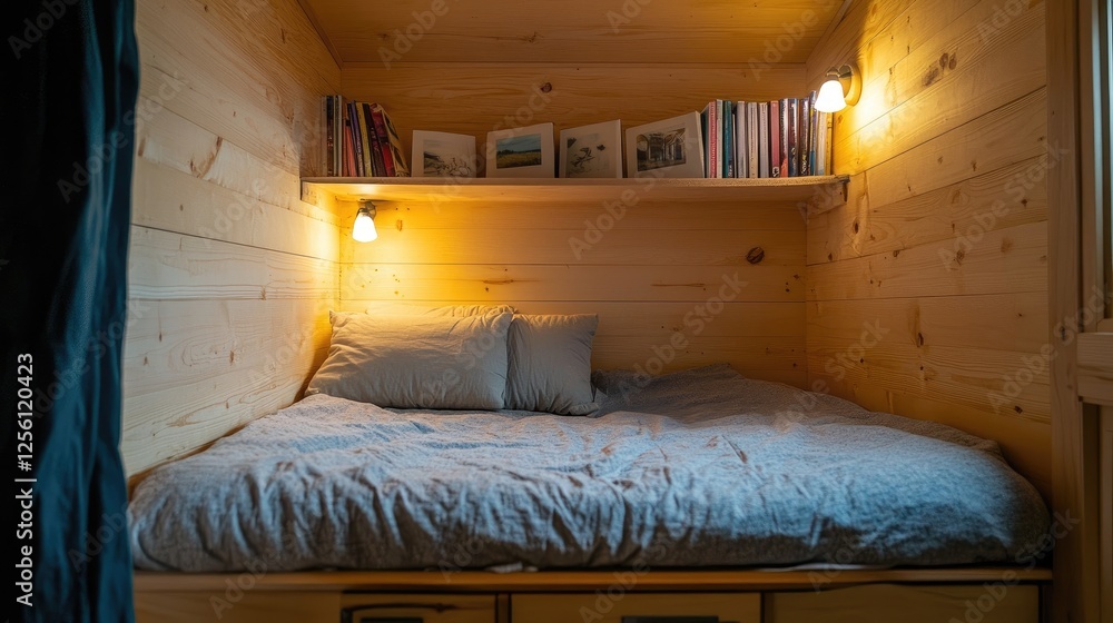 Simple tiny home bedroom with a single bed, mounted reading lights, and ...