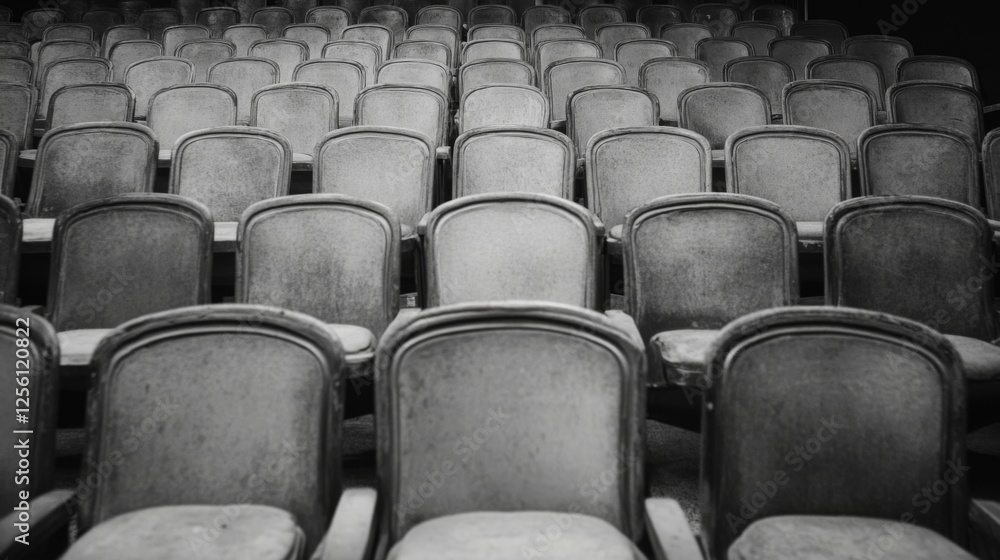Empty theater seats, awaiting audience, dark stage background, concert ...