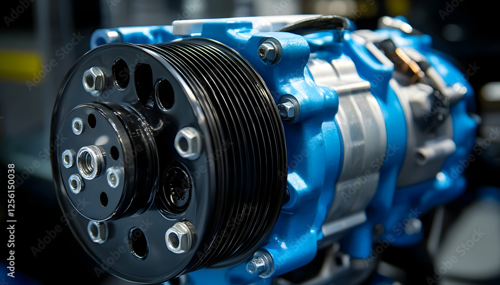 Automotive AC compressor, a detailed view of a blue, industrial-grade ...