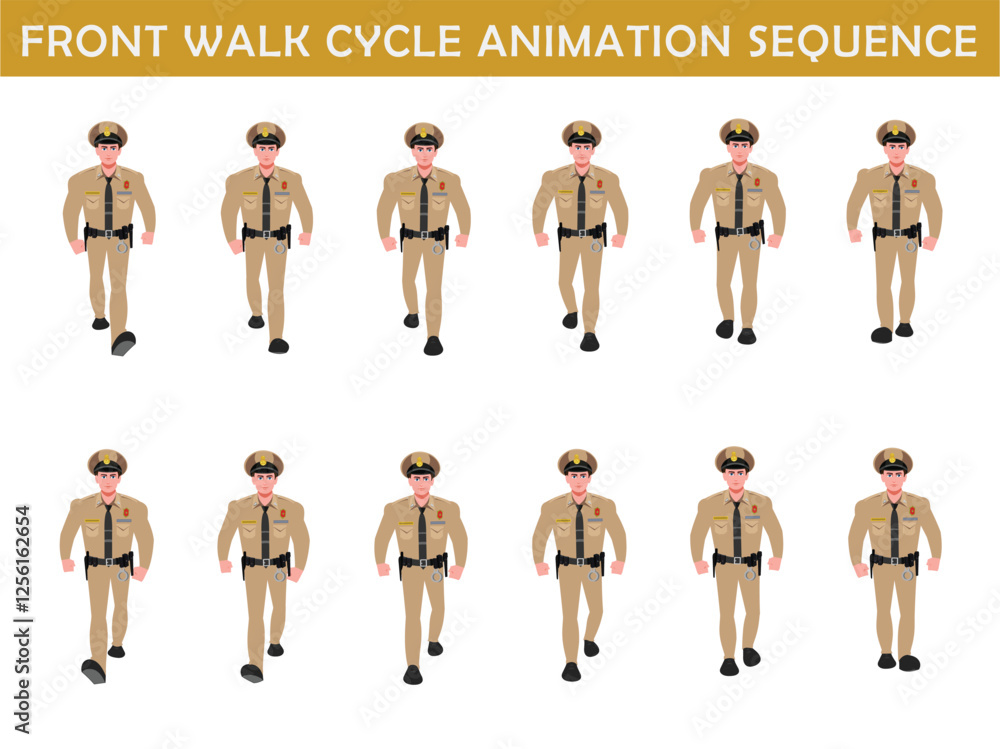 Police Officer Character walk cycle animation sequence. Front walk ...