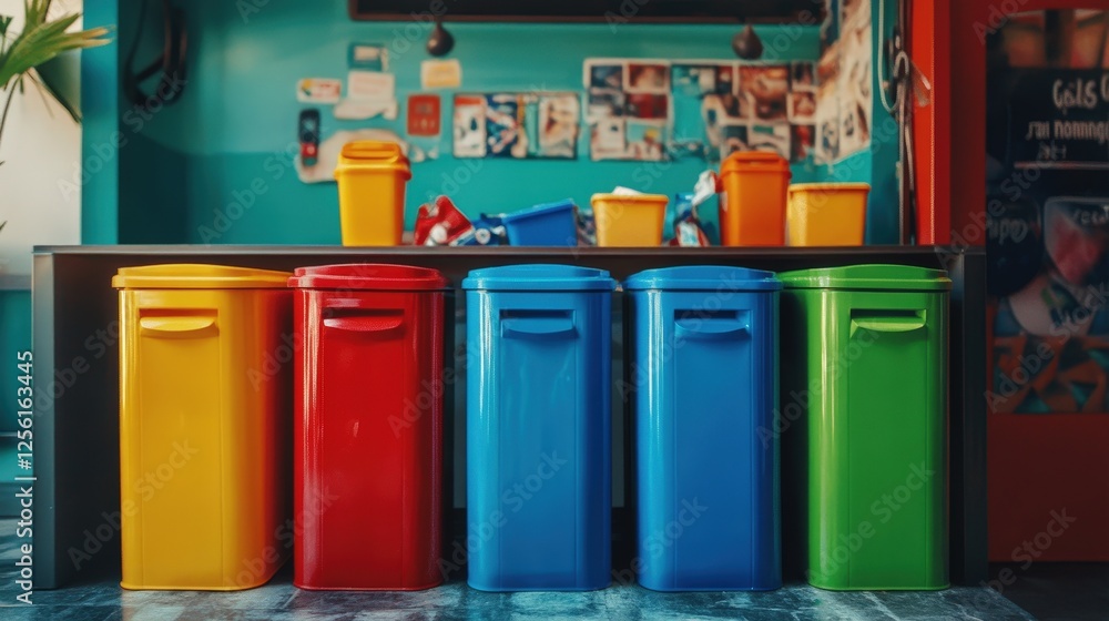 Recycling bins are arranged outdoors, surrounded by plants and trees ...