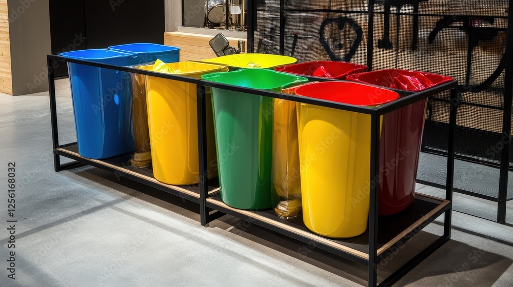 Recycling bins are arranged outdoors, surrounded by plants and trees ...