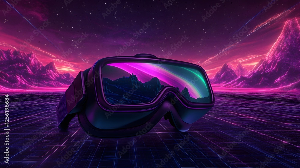 VR goggles in a retro-futuristic setting, surrounded by a vivid neon ...