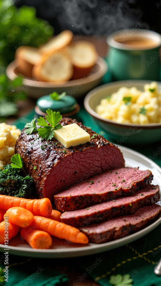 Festive St. Patrick's Day Feast: Traditional Irish Corned Beef with Sides for Restaurant Menus ...