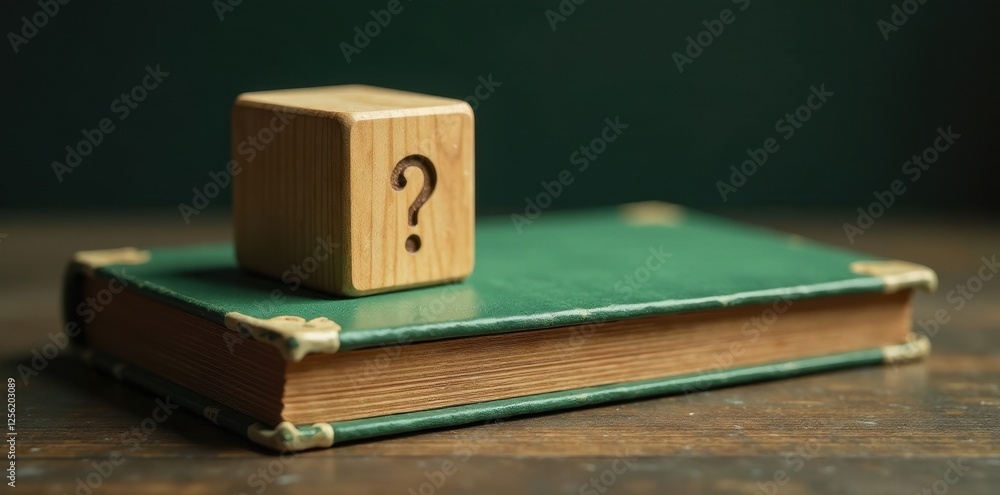 Wooden cube with question mark atop an antique book representing enigma ...