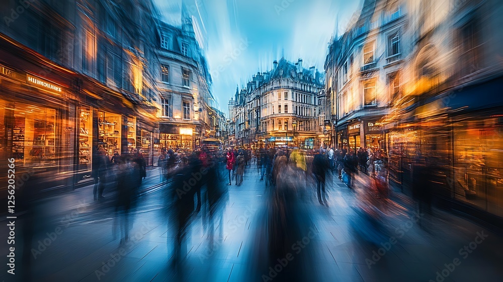 Motion blurred view of busy shopping street in London with pedestrians ...