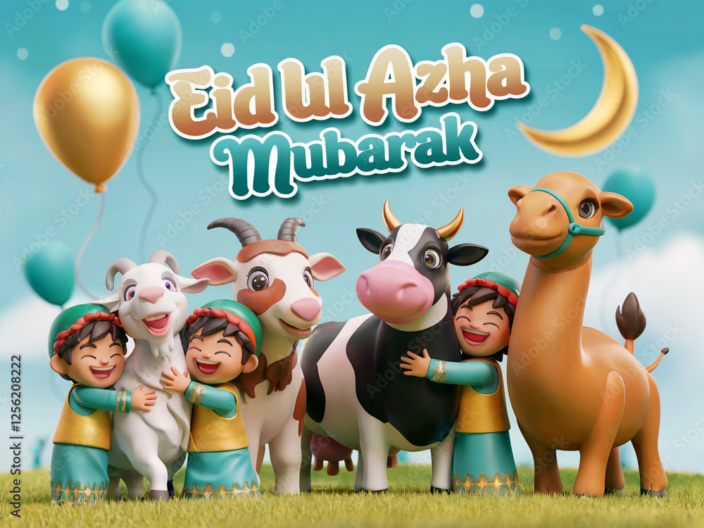 eid ul azha mubarak card design with kids and animals Stock ...