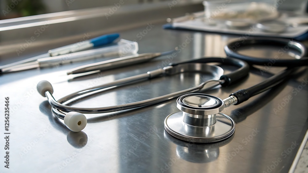 Stethoscope resting next to various medical tools on a reflective steel ...
