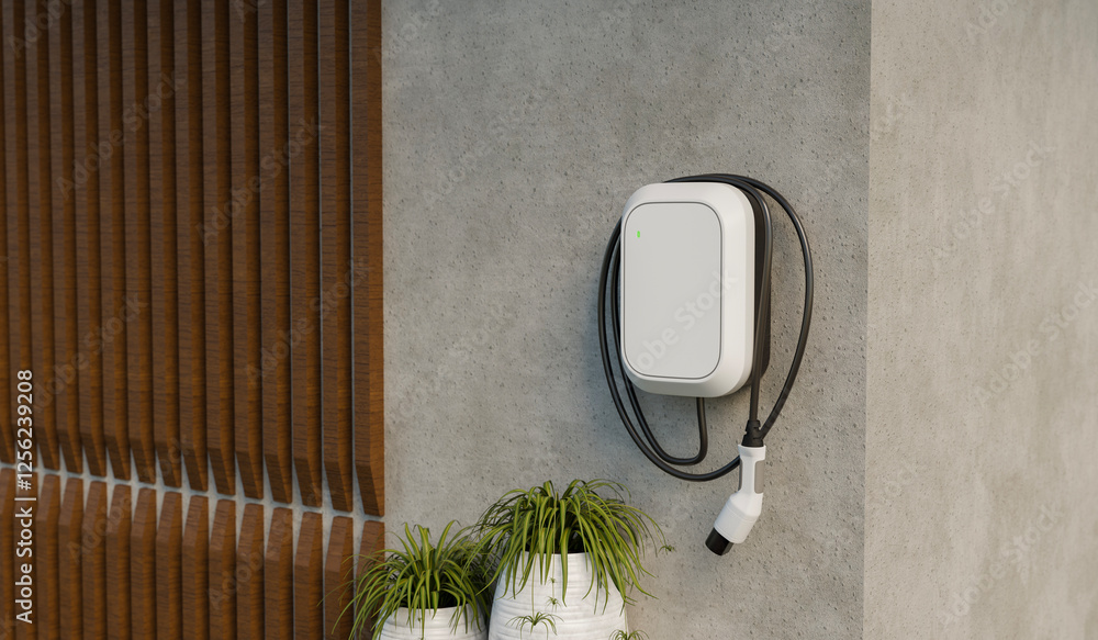 Modern electric vehicle charging station on a concrete sustainability ...