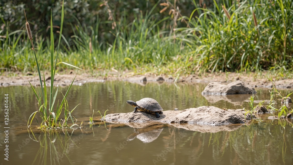 Baby turtle exploring a sunlit rock by a peaceful pond surrounded by ...