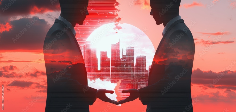 Business partners greeting each other with a city skyline and data flow ...