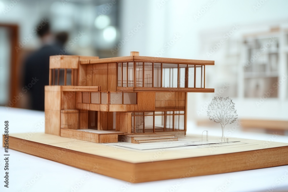 Building blueprint plans and house model . A house model elegantly ...