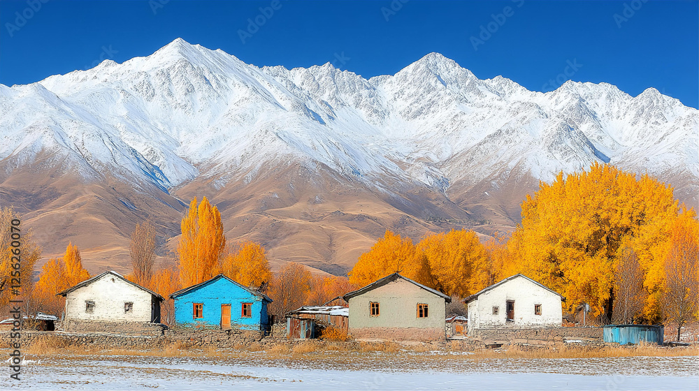 Simple houses and massive mountains at the background, central Asia ...