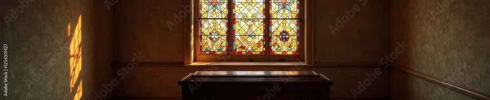Stained glass window above a simple wooden coffin in a church, humble ...