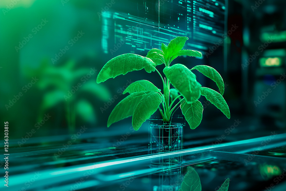 Young plant growing in a futuristic laboratory with glowing green light ...