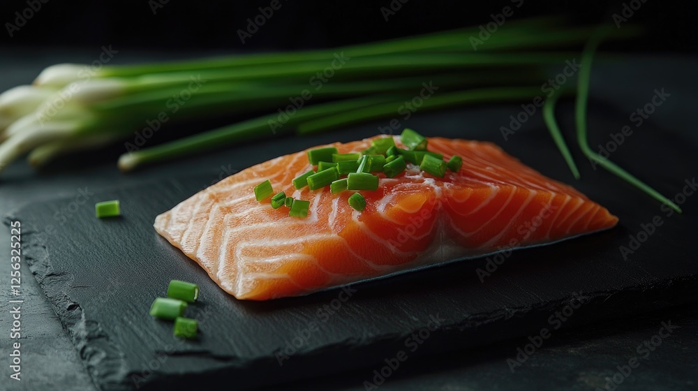 Fresh salmon fillet with chives and green onions on black slate plate ...