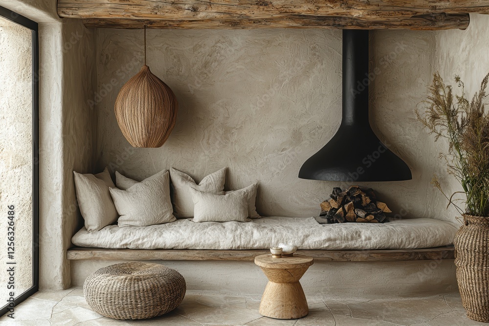 Cozy japandi fireplace nook modern home interior design serene ...