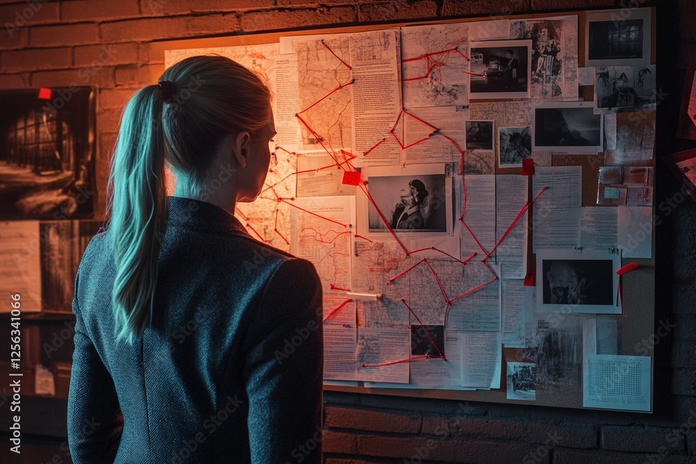 Woman detective analyzing evidence board. Crime investigation process ...