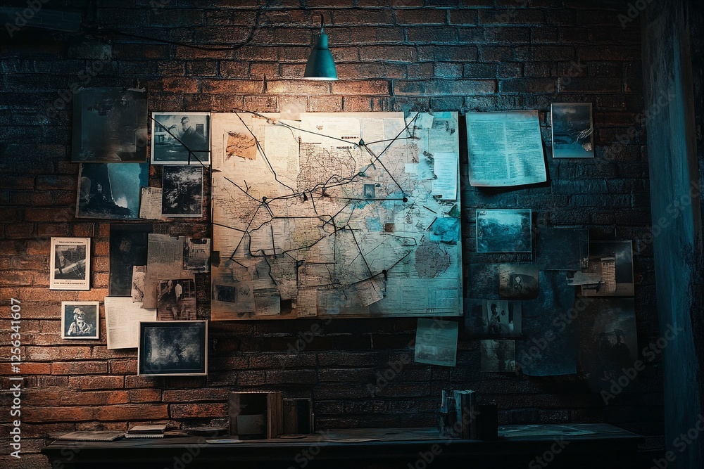 Detective investigation board with map, photos, and evidence on brick ...