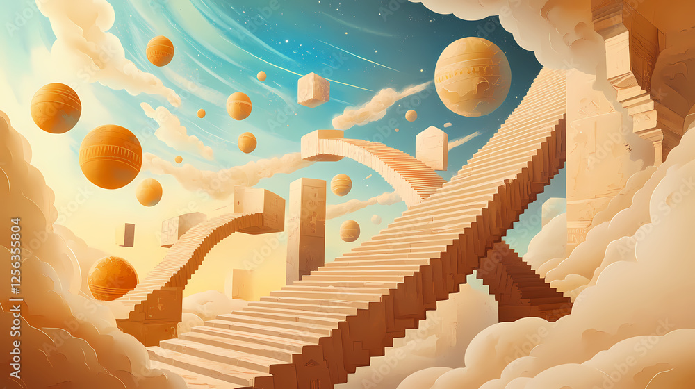 Dreams and imagination concept with endless staircases and floating ...