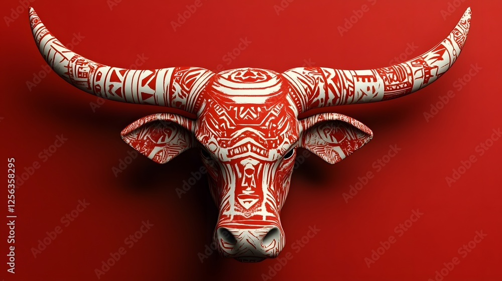 Stylized Red Bull Horn Design with Tribal Patterns and Indigenous ...