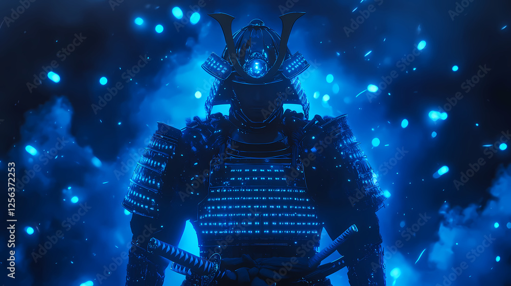 Enveloped in a cascade of ethereal blue lights, this samurai armor ...