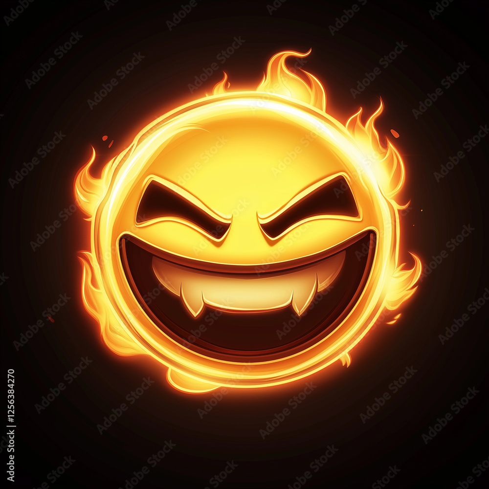 Fiery glowing emoji with menacing grin and flames surrounding its face ...