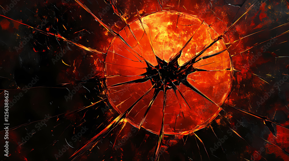 Stunning glass panel shattered in a large circular crack pattern with ...