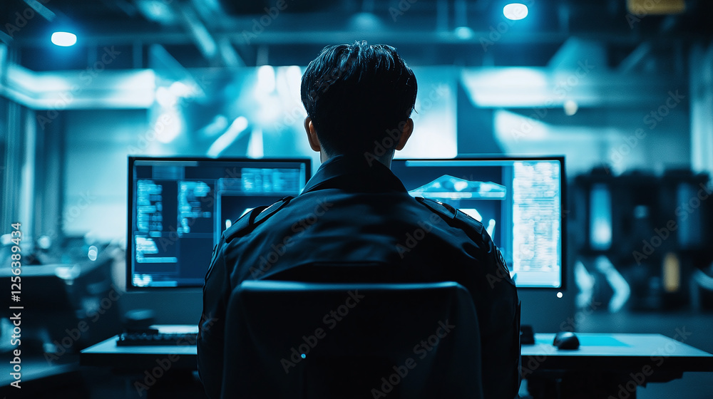 Security Guard Monitoring Multiple Screens Looking Vigilant And