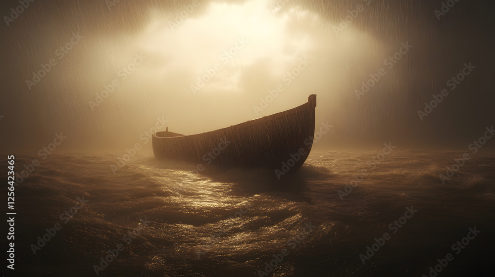 Noah's Ark braving the storm amidst pouring rain and rising floodwaters ...