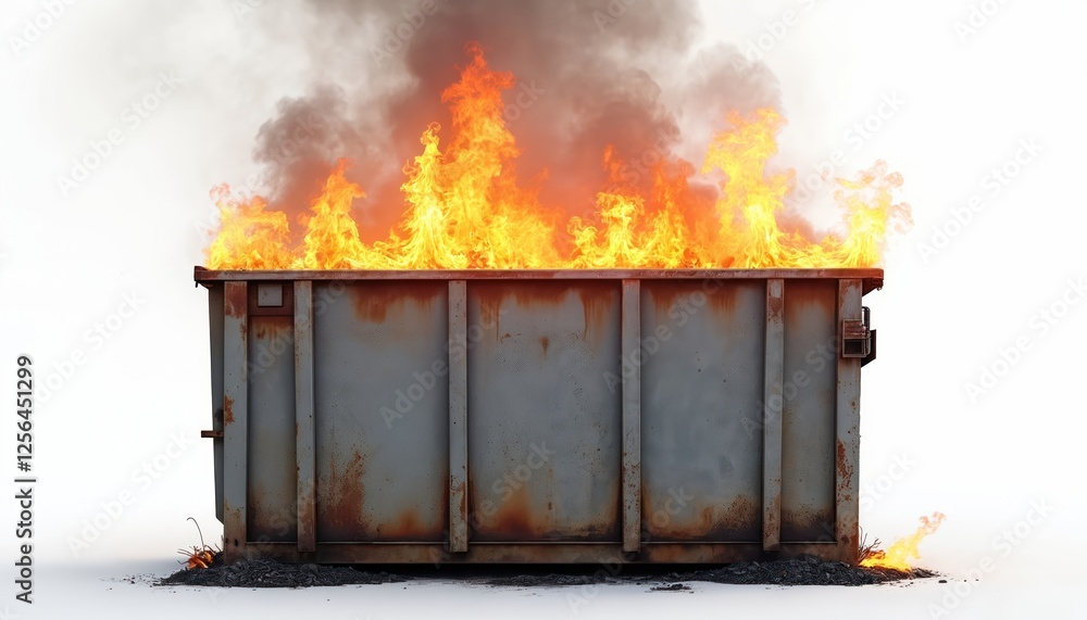 Illustration of isolated dumpster engulfed in flames on white ...