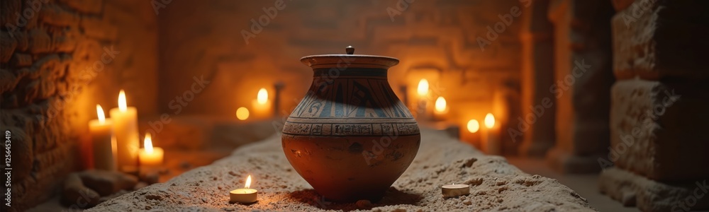Egyptian ancient canopic jar surrounded by candles in tomb with walls ...