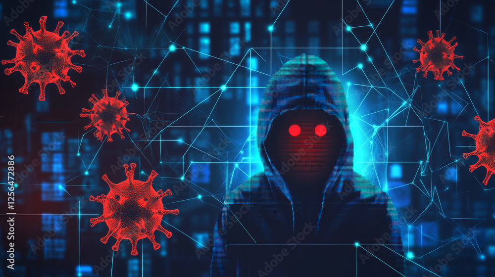 Computer virus hologram made of polygons and lines. A low-poly digital ...