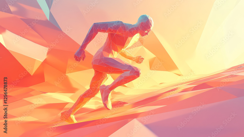 Hologram running. Runner logo of polygons, triangles of dots and lines ...