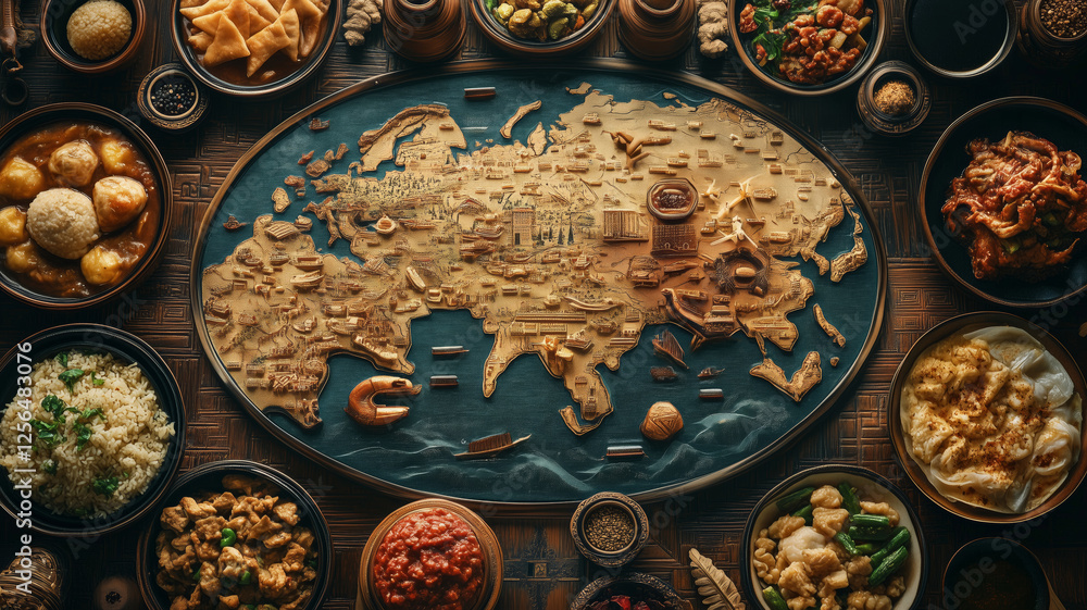 Exploring culinary delights across a world map with China at the center ...