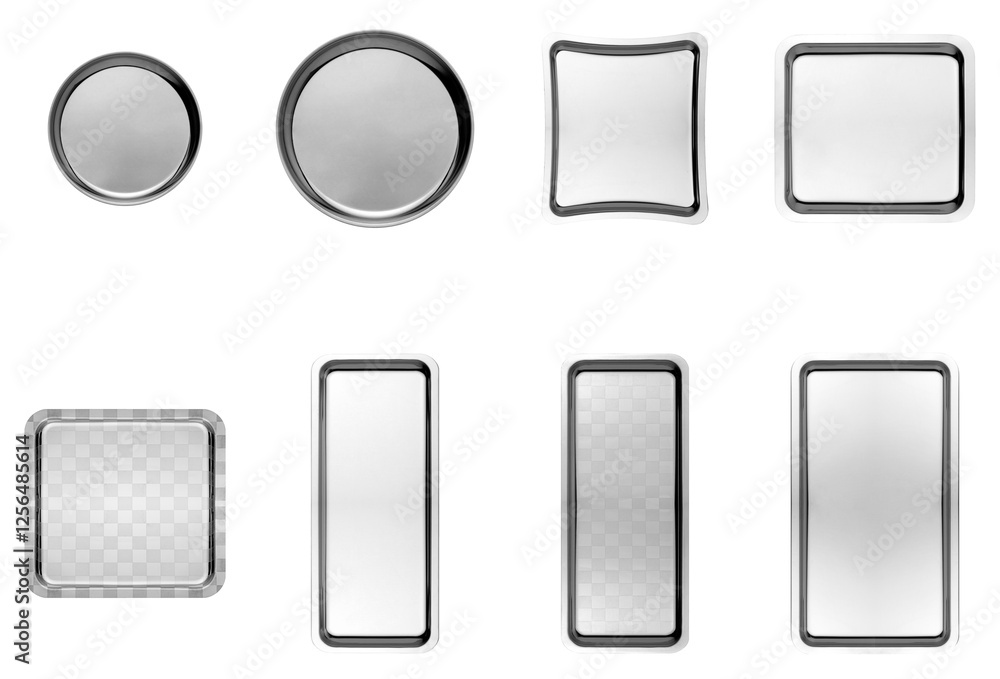 Set of metal trays in a variety of shapes and sizes, including round ...