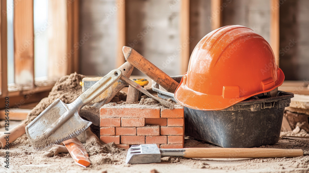 Builder with construction and house repair work tools cartoon vector ...