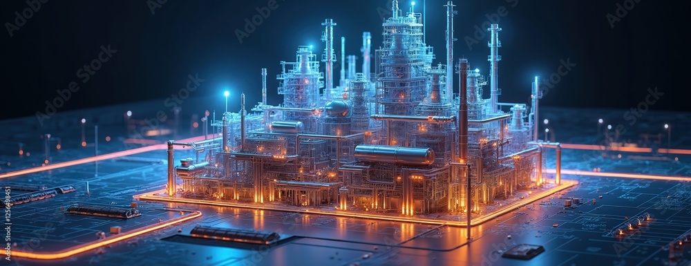 Detailed model of industrial complex with pipes, tanks, neon lights on ...
