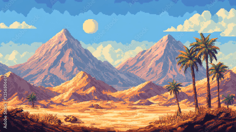 8 bit pixel prairie or desert landscape with mountains and palm trees ...