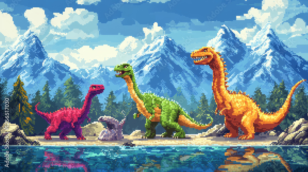 Pixel dinosaur characters. 8 bit pixel art game dino animals ...