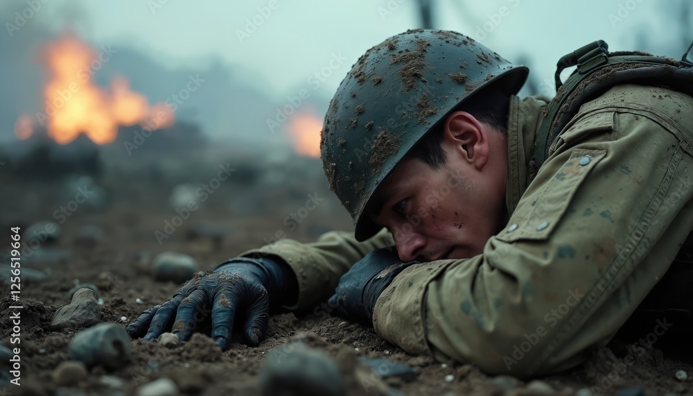 Soldier lies on ground in battlefield. War, conflict. Wearing military ...