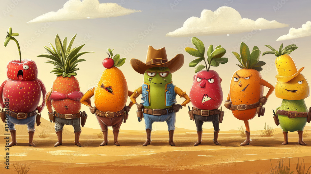 Crossword quiz game of cartoon fruit cowboy, ranger, sheriff and robber ...
