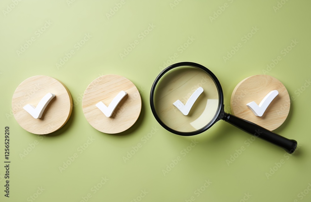 Magnifying glass lies near wooden round badges with checkmark on green ...