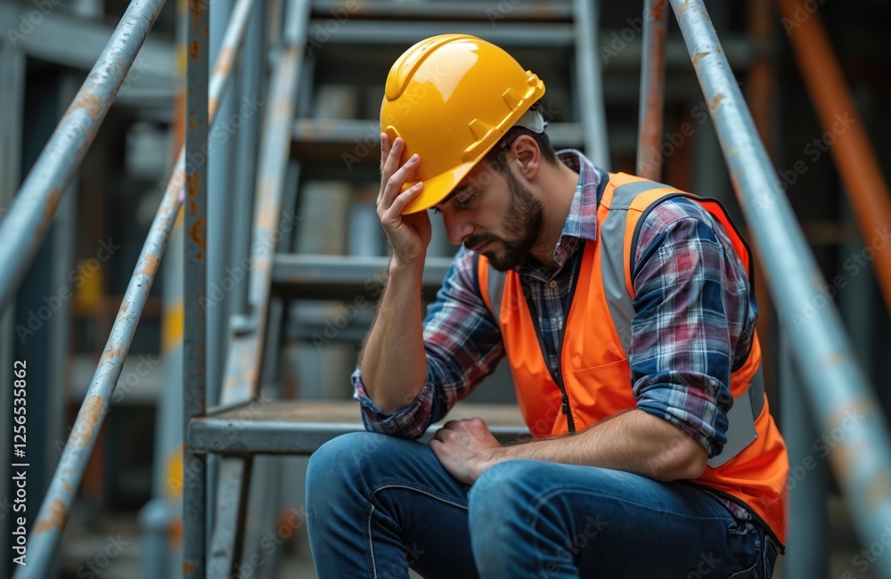 Sad construction worker sits on metal stairs holding head in hand ...